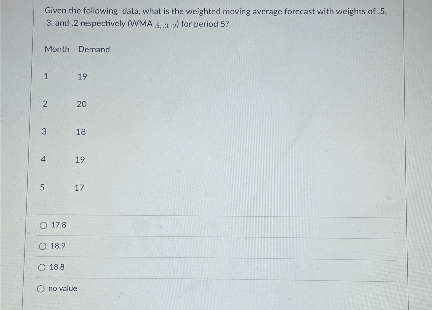 Solved Given the following data, what is the weighted moving | Chegg.com