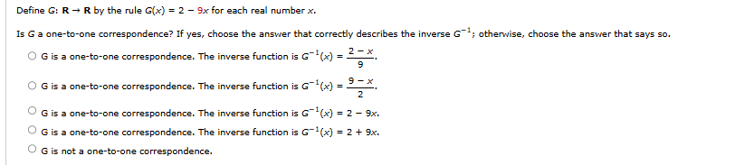Solved Define G:R→R by ﻿the rule G(x)=2-9x ﻿for each real | Chegg.com