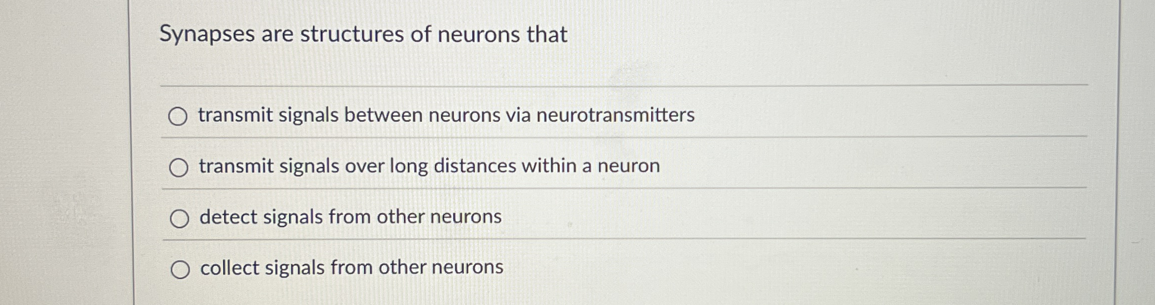 Solved Synapses are structures of neurons thattransmit | Chegg.com