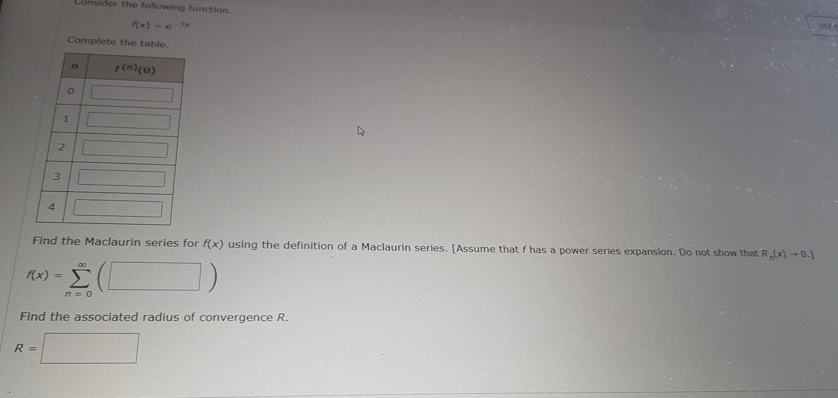 Solved Consider the following function. f(x) = e-3x Complete | Chegg.com