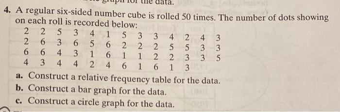 Solved data. 4. A regular six-sided number cube is rolled 50 | Chegg.com