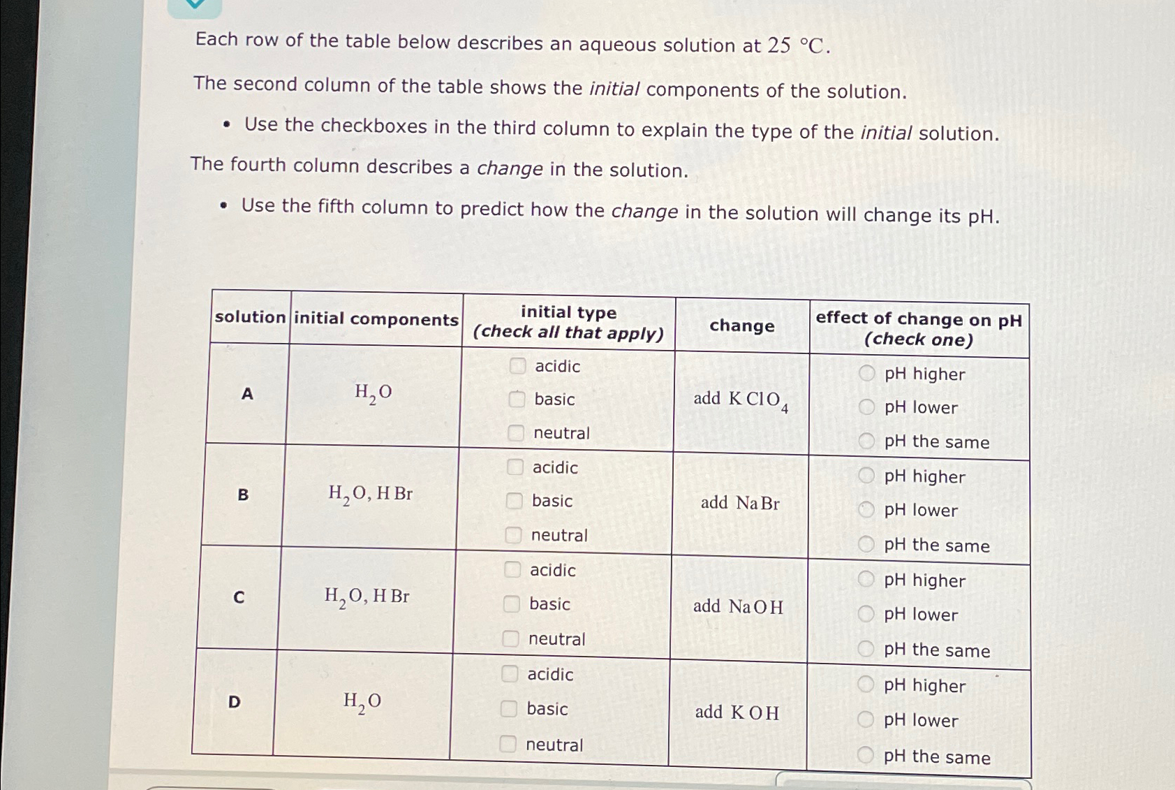 Solved Each row of the table below describes an aqueous | Chegg.com