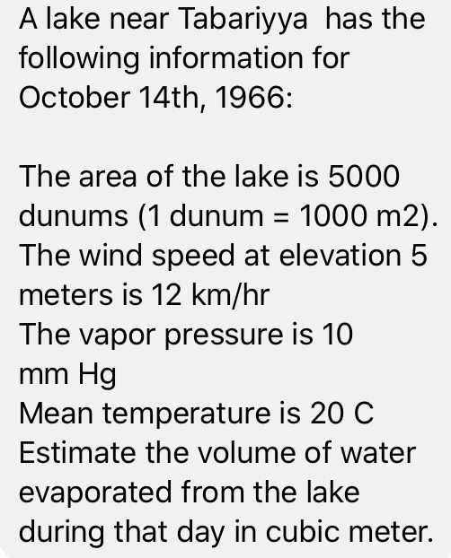 Solved A lake near Tabariyya has the following information | Chegg.com