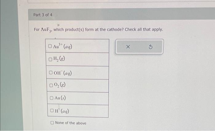 Solved Consider the aqueous electrolysis of Fel2 and AuF3. | Chegg.com