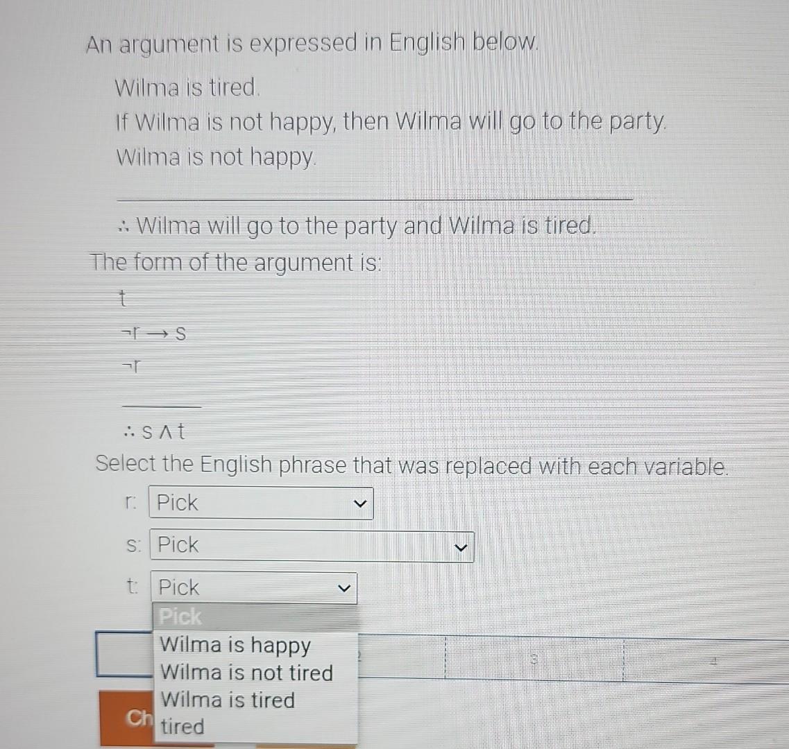 Solved An argument is expressed in English below. Wilma is | Chegg.com