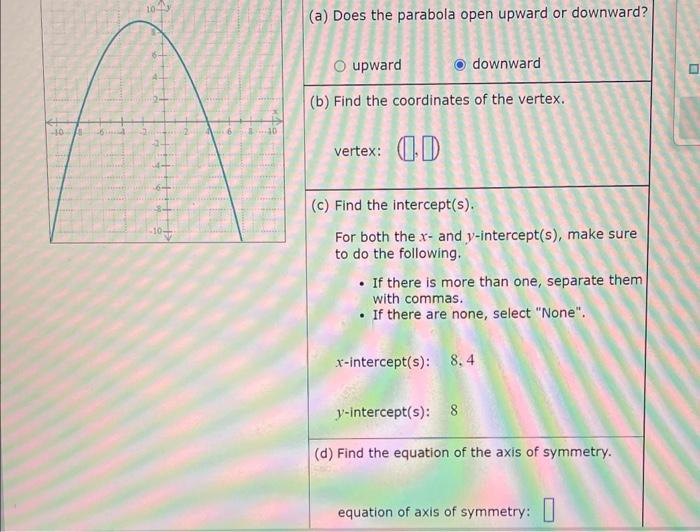 Solved (a) Does the parabola open upward or downward? upward | Chegg.com