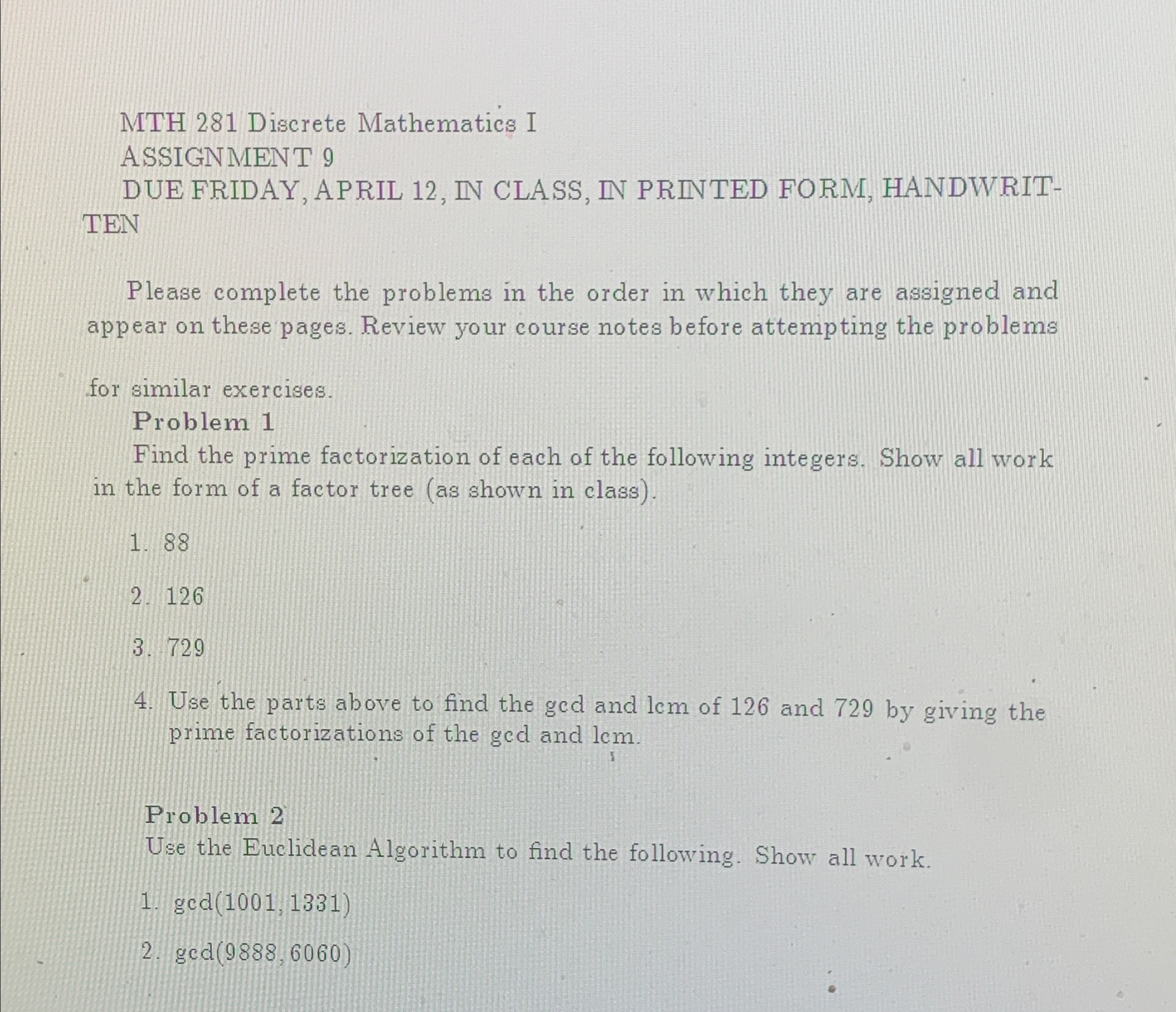 Solved MTH 281 ﻿Discrete Mathematics IASSIGNMENT 9DUE | Chegg.com