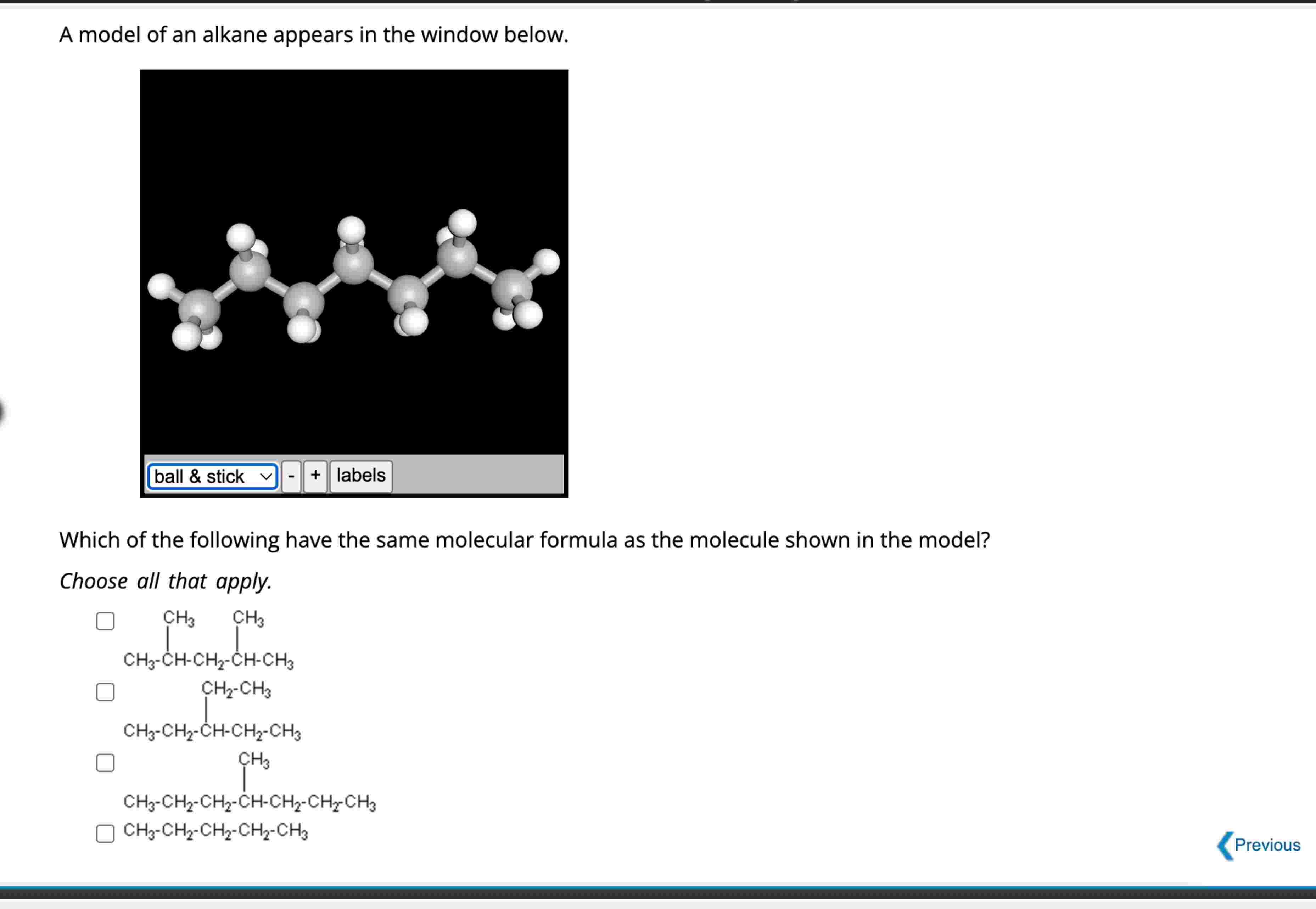 Solved A model of an ﻿alkane appears in ﻿the window | Chegg.com