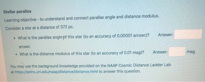 Solved Stellar parallax Learning objective - to understand | Chegg.com