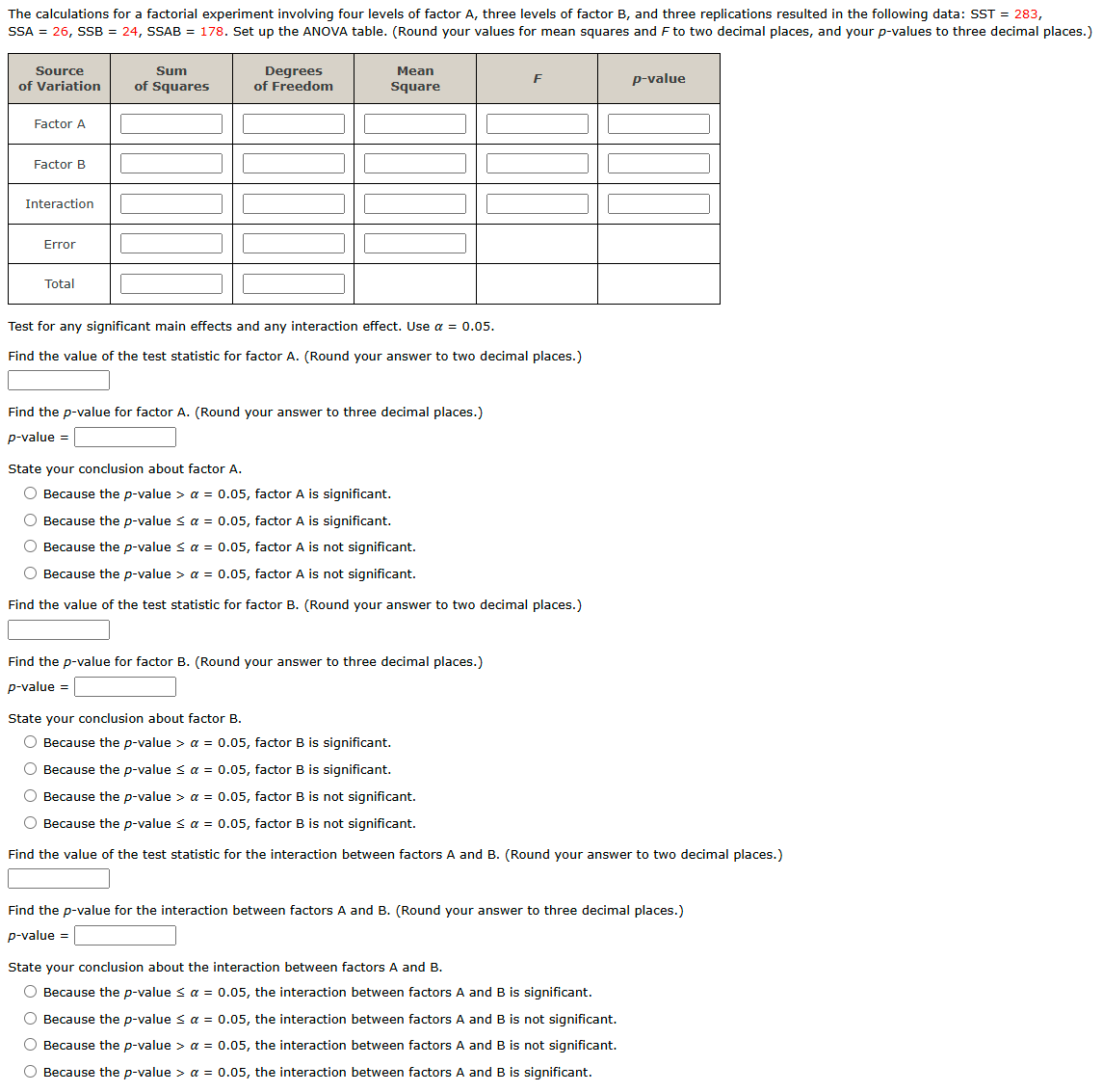 Solved The calculations for a factorial experiment involving | Chegg.com