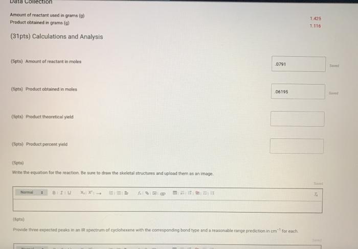 Solved Collection Amount of reactant used in grams (g) | Chegg.com