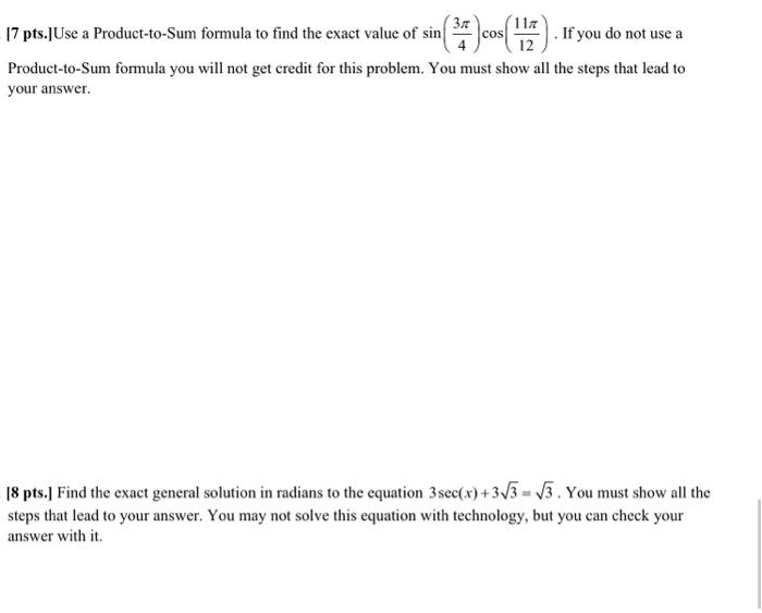 Solved [7 pts.]Use a Product-to-Sum formula to find the | Chegg.com