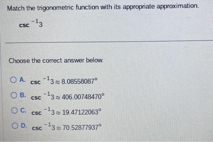 Solved Match The Trigonometric Function With Its Appropriate