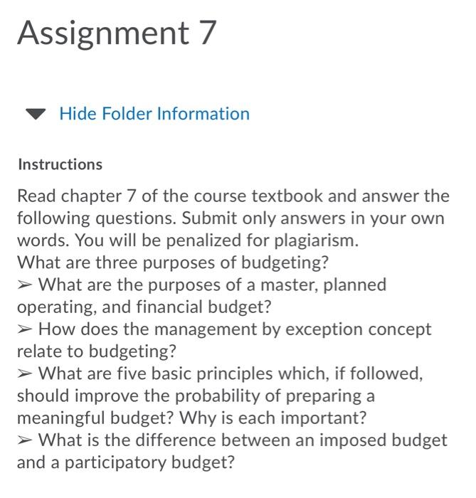 Solved Assignment 7 Hide Folder Information Instructions | Chegg.com