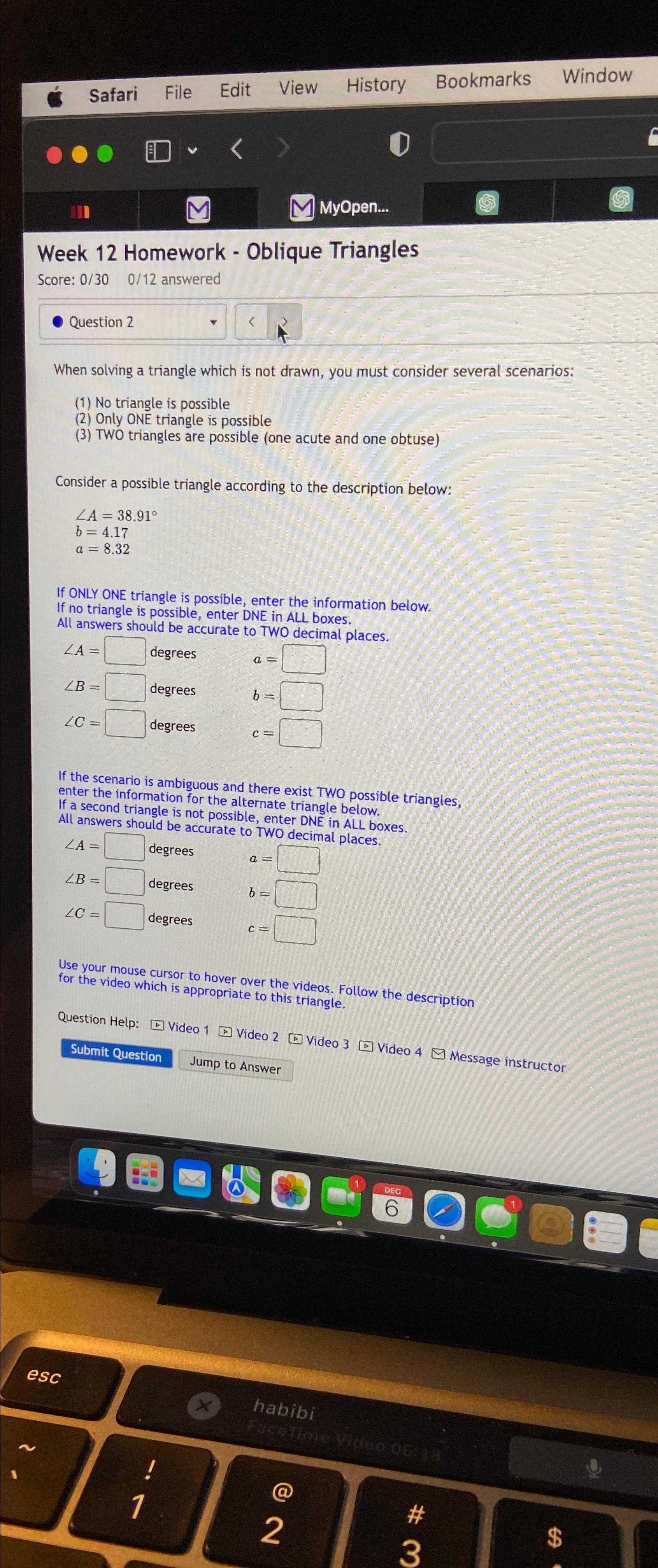 Solved Week 12 ﻿Homework - ﻿Oblique TrianglesScore: 030,012 | Chegg.com