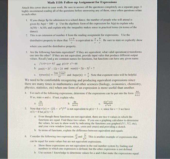 Solved a.) Math 1110: Follow-up Assignment for Expressions | Chegg.com