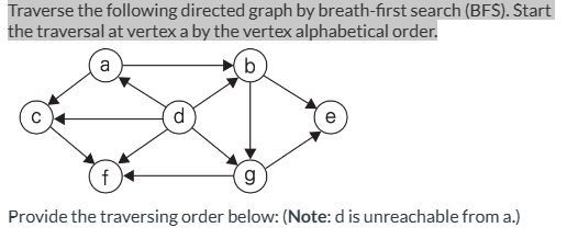 Solved Traverse the following directed graph by breath-first | Chegg.com