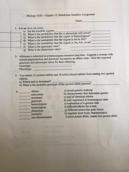 Solved Biology 1020 - Chapter 15, Mendelian Genetics | Chegg.com