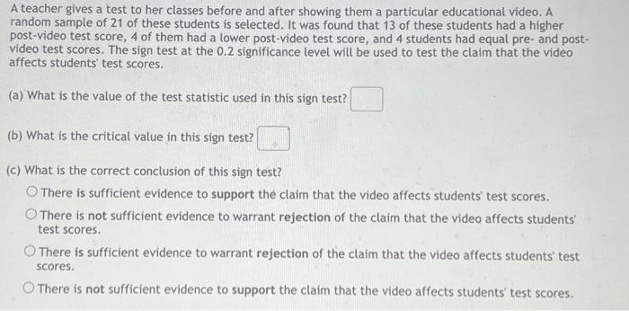 Solved A teacher gives a test to her classes before and | Chegg.com