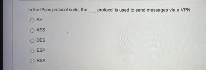 Solved In the IPsec protocol suite, the protocol is used to | Chegg.com