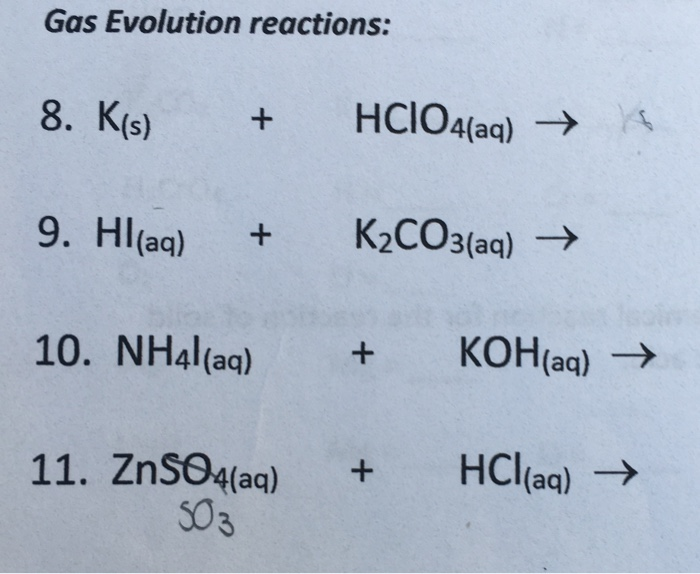 Solved Gas Evolution reactions: 8. K(s) + HClO4(aq) + 4 9. | Chegg.com ...