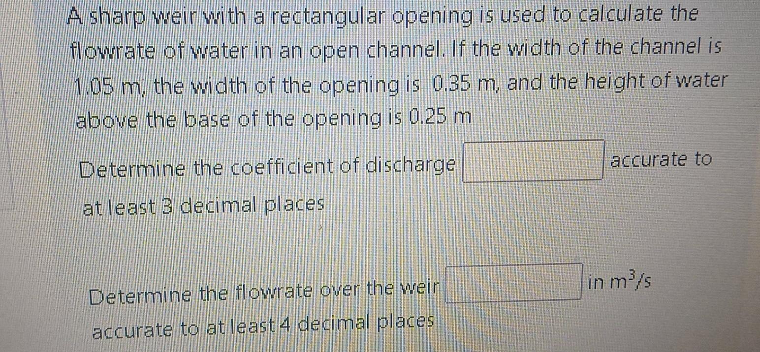 Solved A sharp weir with a rectangular opening is used to | Chegg.com