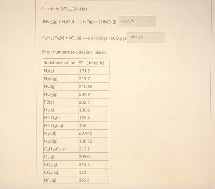 Solved Calculate AS9rxn (J/k) for 3NO2(g) + H20(1) NO(g) | Chegg.com