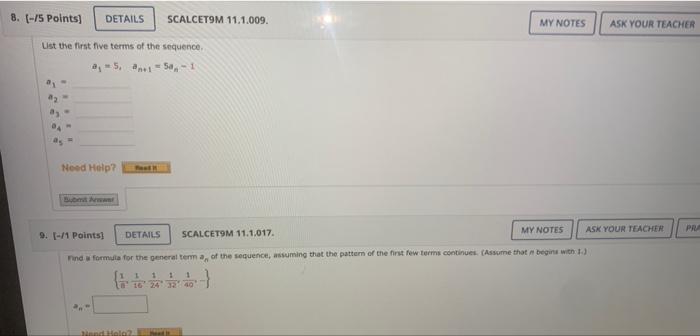 Solved 8. [-/5 Points] DETAILS SCALCET9M 11.1.009. List the | Chegg.com