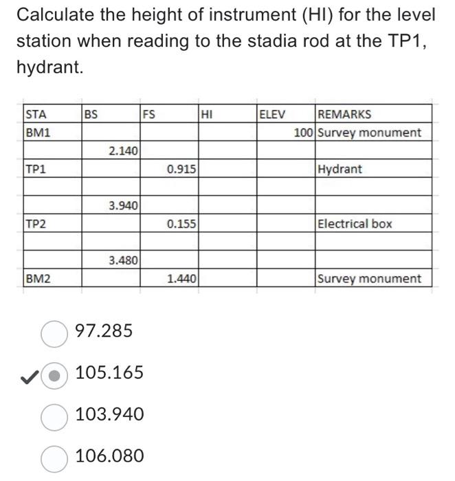 Solved Calculate the height of instrument (HI) for the level | Chegg.com