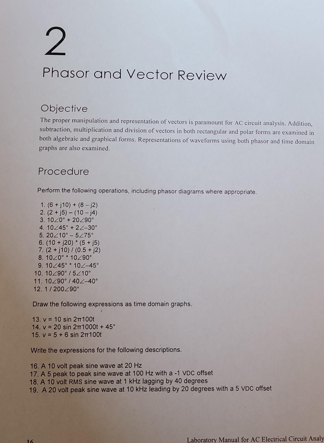 Solved Phasor and Vector Review Objective The proper | Chegg.com