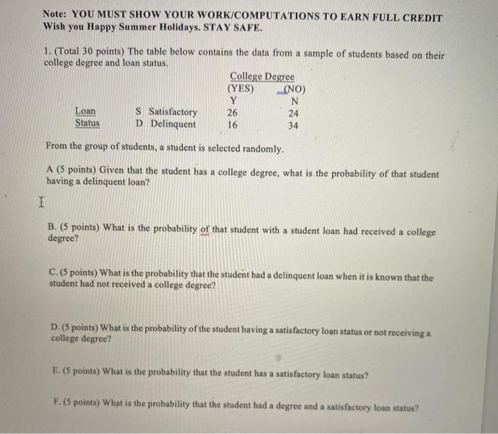 Solved Note: YOU MUST SHOW YOUR WORK/COMPUTATIONS TO EARN | Chegg.com