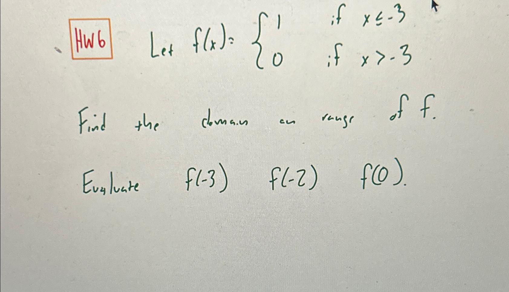 Solved HW6 ﻿Let f(x)={1 if x≤-30 if x>-3Find the domane an | Chegg.com