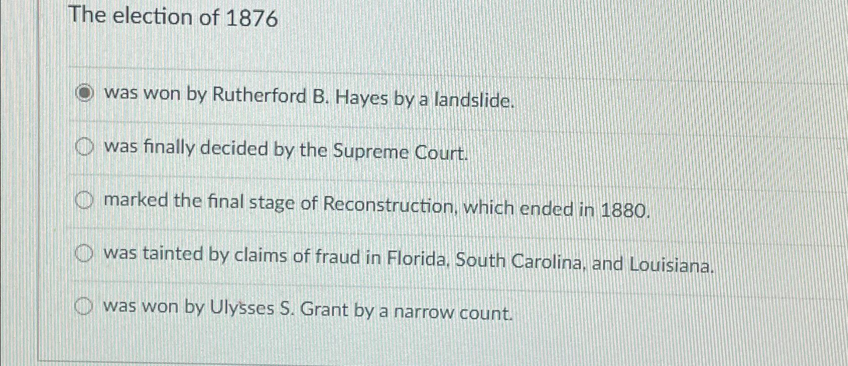 Solved The election of 1876was won by Rutherford B. ﻿Hayes | Chegg.com