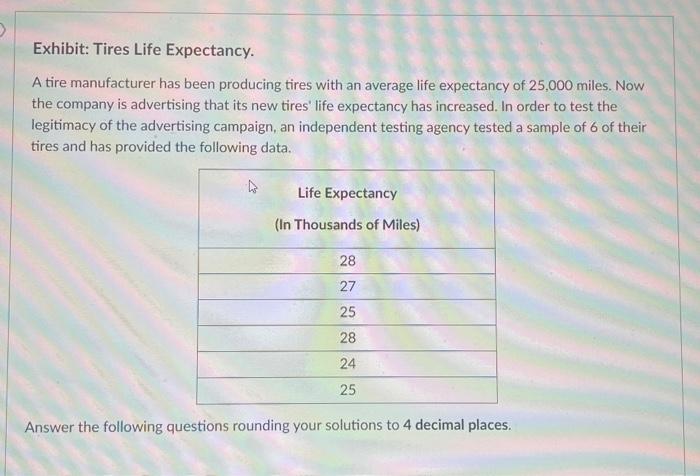 Solved Exhibit: Tires Life Expectancy. A tire manufacturer | Chegg.com
