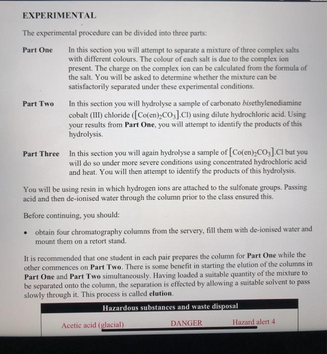 Solved EXPERIMENTAL The experimental procedure can be | Chegg.com