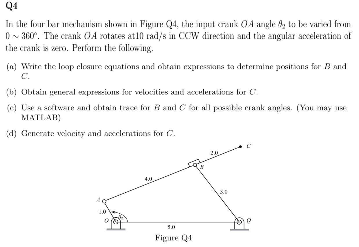 Solved Q4In the four bar mechanism shown in Figure Q4, ﻿the | Chegg.com