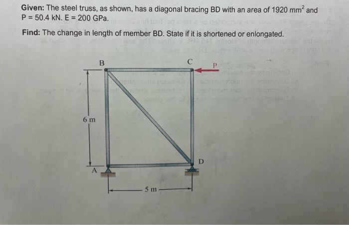 Solved Given: The steel truss, as shown, has a diagonal | Chegg.com