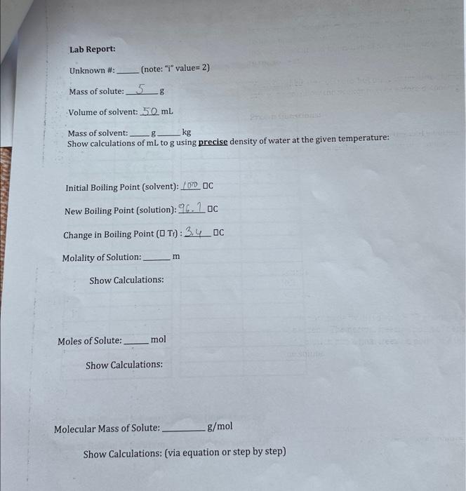 Solved Lab Report: Unknown \#: (note: "i" value =2 ) Mass of | Chegg.com