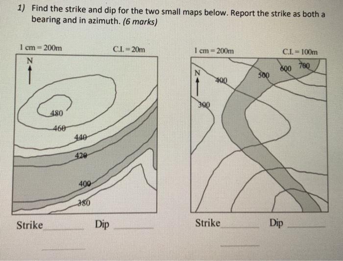 Solved 1) Find the strike and dip for the two small maps | Chegg.com