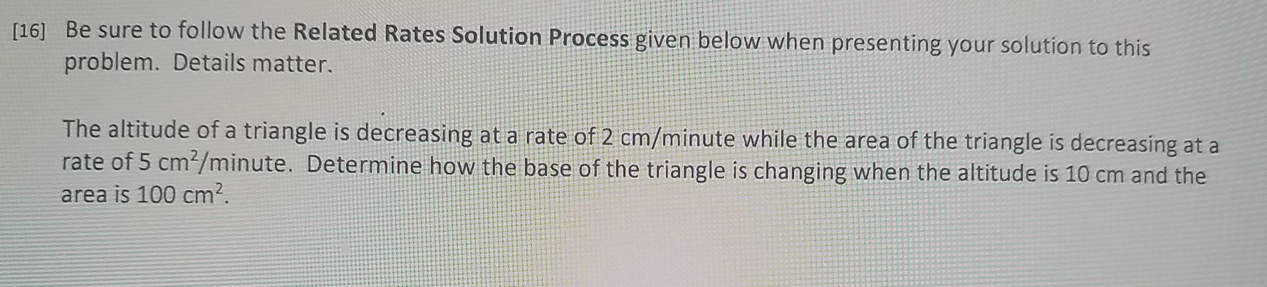 Solved [16] Be sure to follow the Related Rates Solution | Chegg.com