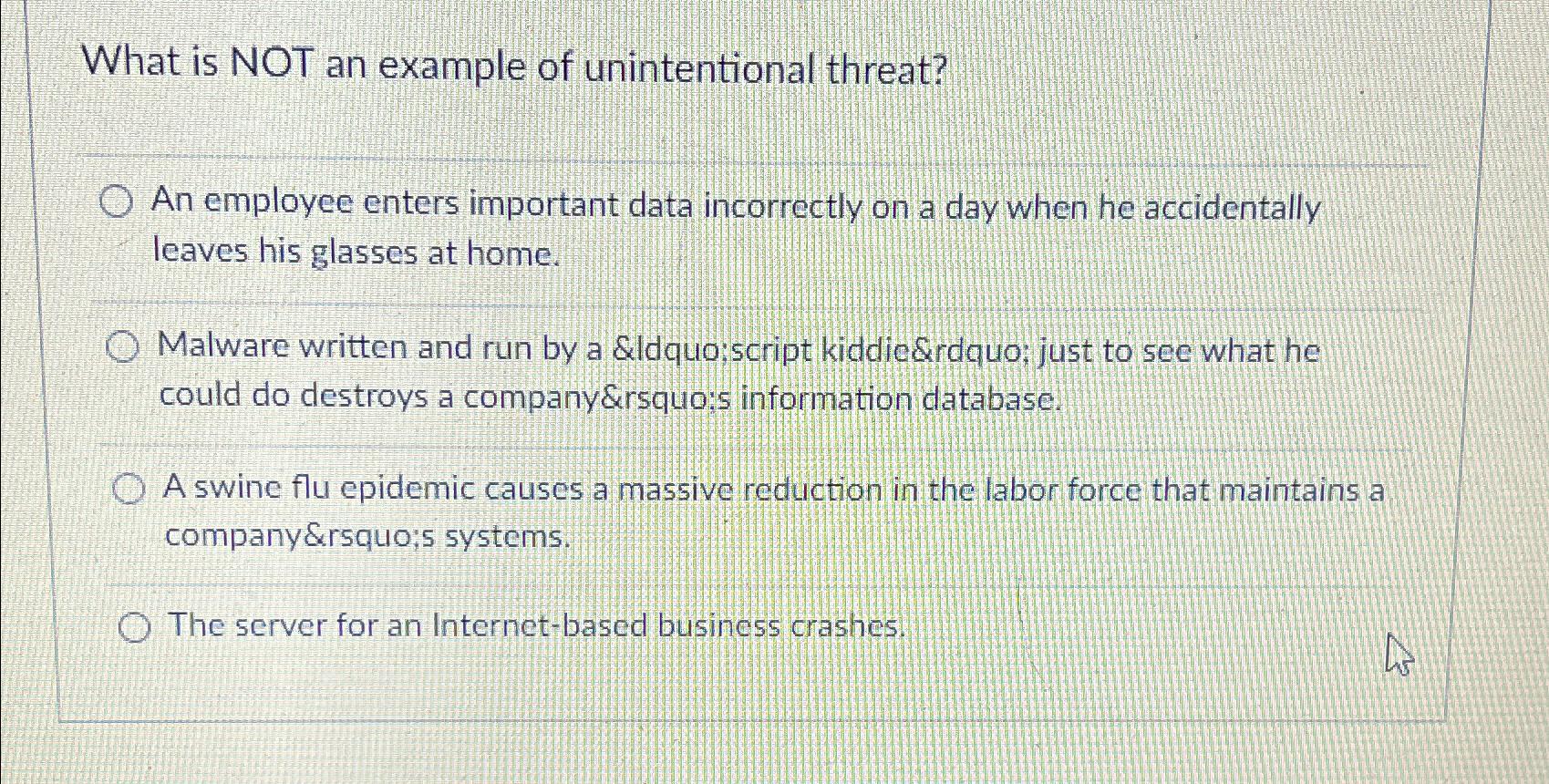 Solved What is NOT an example of unintentional threat?An | Chegg.com