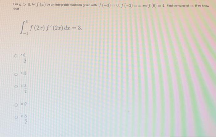 Solved For a > 0, let f (x) be an integrable function given | Chegg.com