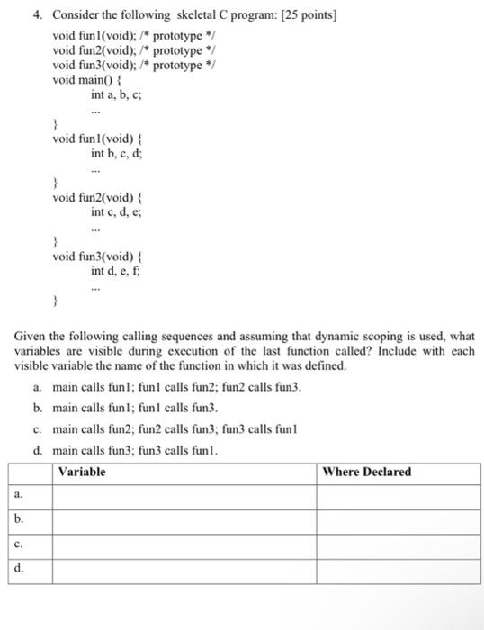 Solved 4. Consider the following skeletal C program: [25 | Chegg.com