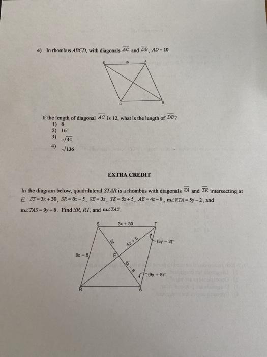 Solved 4) In rhombus ABCD, with diagonals AC and DB. AD-10 D | Chegg.com