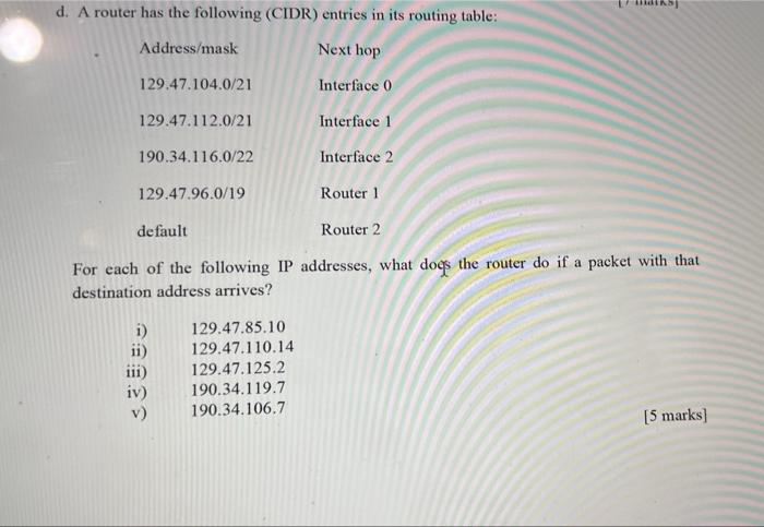 Solved d. A router has the following (CIDR) entries in its | Chegg.com