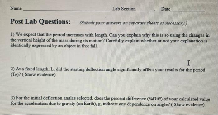 Solved Name Lab Section Date Post Lab Questions: (Submit | Chegg.com