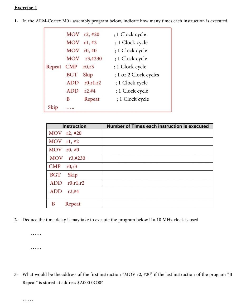 Solved Exercise 1 1. In the ARM-Cortex MO+ assembly program | Chegg.com