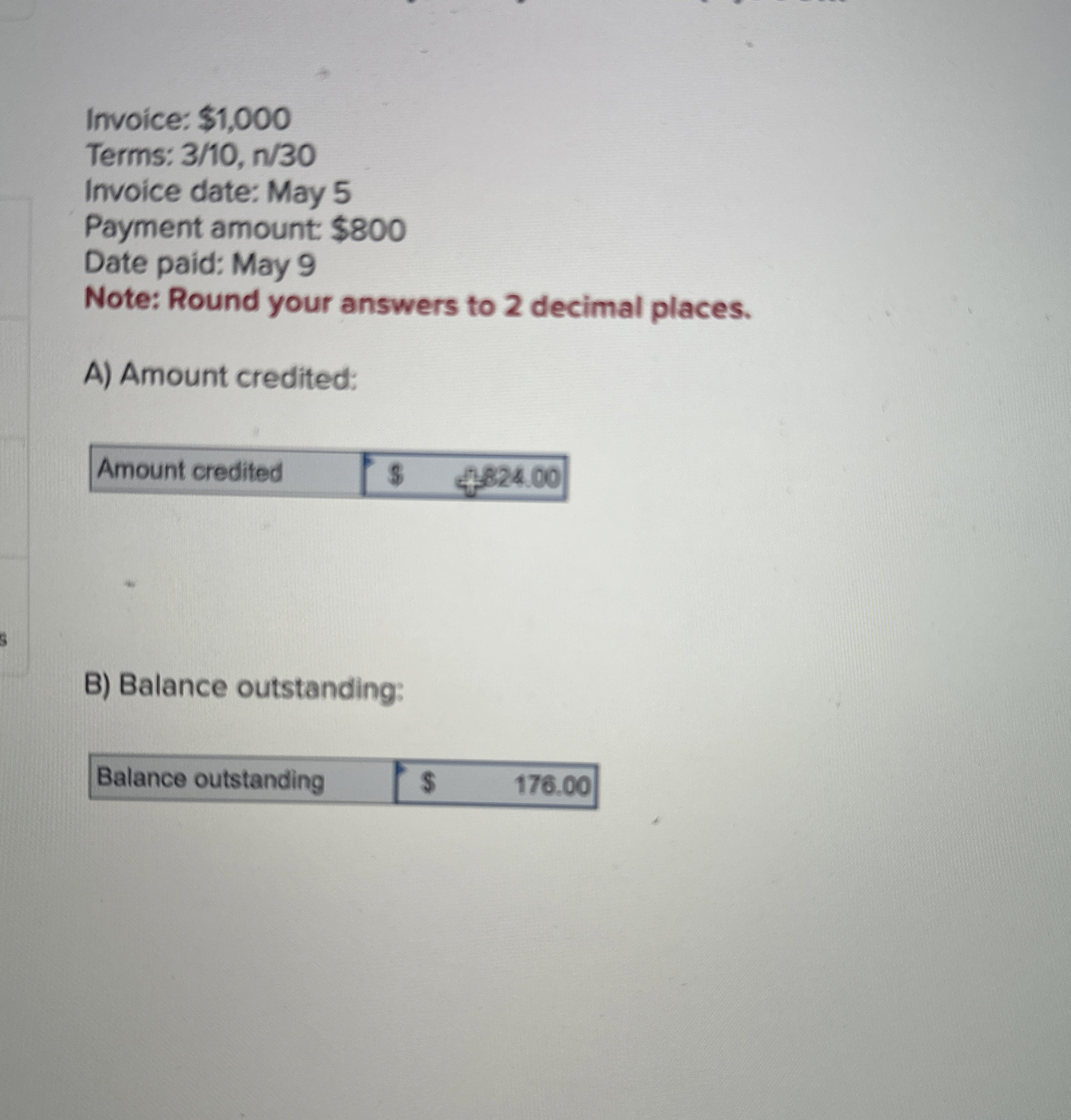 Invoice: $1,000Terms: 310,n30Invoice date: May | Chegg.com