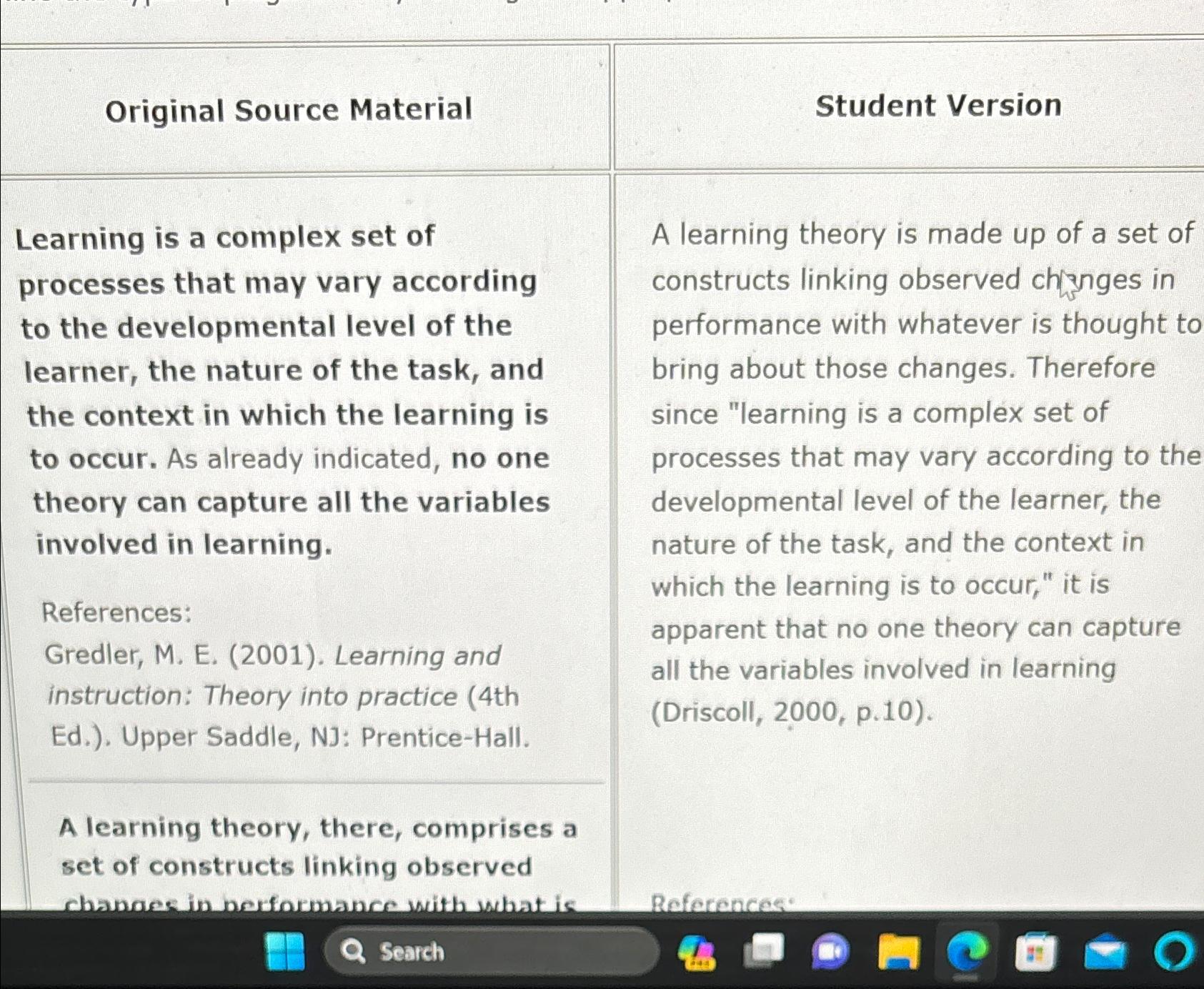 Solved Original Source MaterialLearning is a complex set of | Chegg.com
