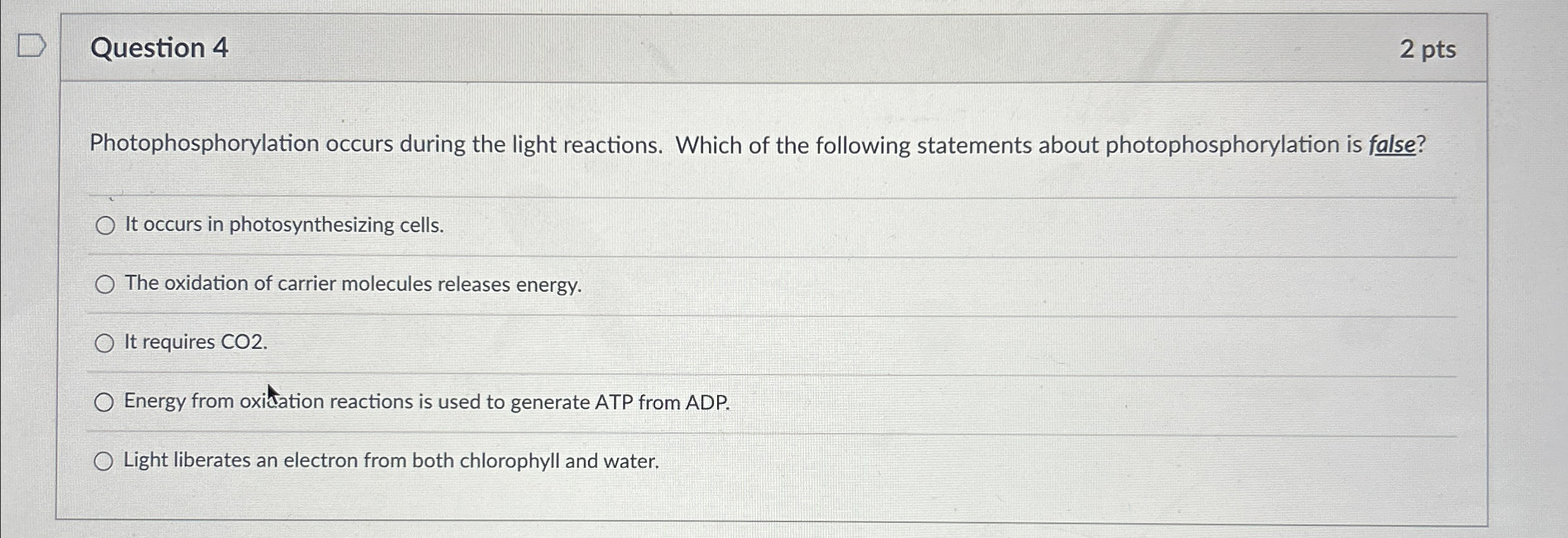 Solved Question 42 ﻿ptsPhotophosphorylation occurs during | Chegg.com